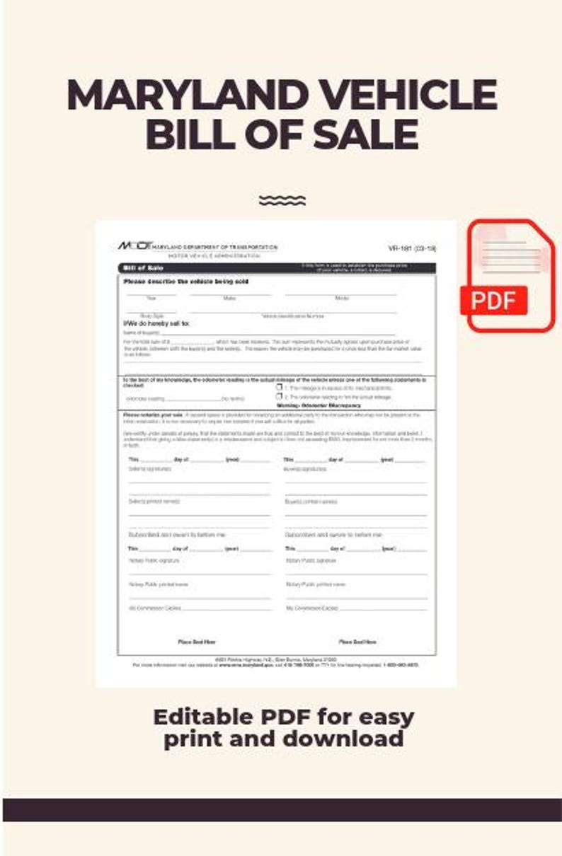 Maryland Vehicle Bill of Sale Template – Printable & Editable PDF for ...