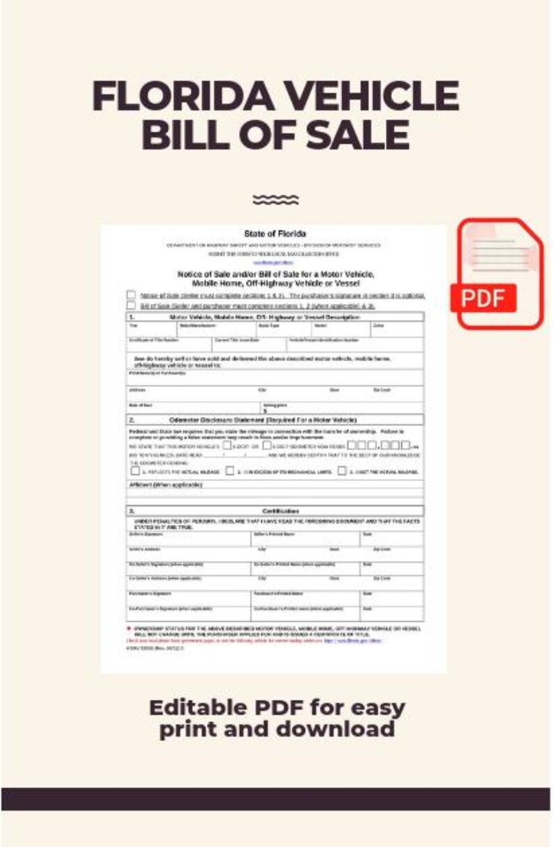 Florida Vehicle Bill of Sale Template – Printable & Editable PDF for ...
