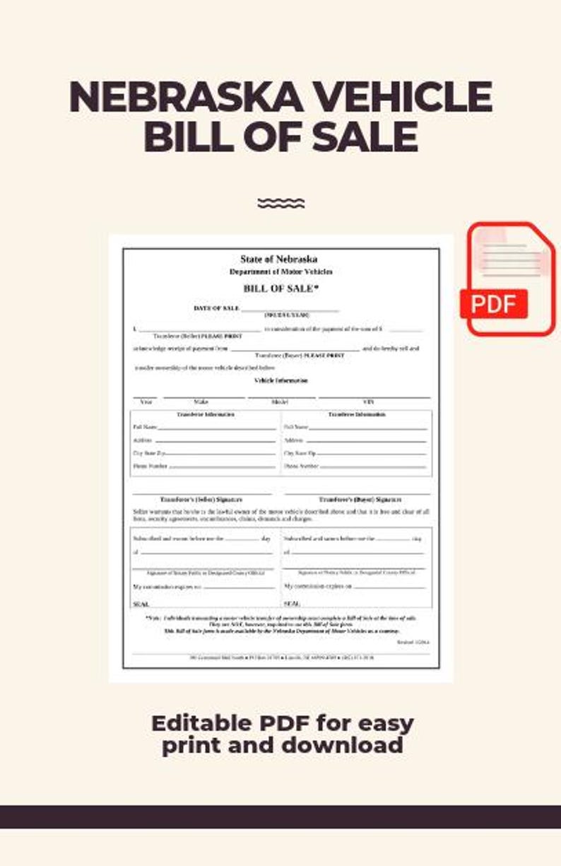 Nebraska Vehicle Bill of Sale Template – Printable & Editable PDF for ...
