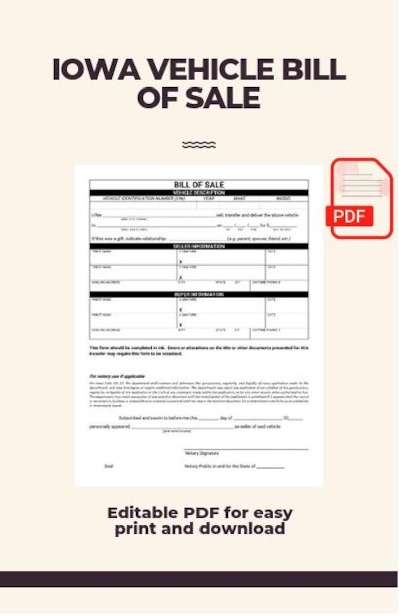 Iowa Vehicle Bill of Sale Template – Printable & Editable PDF for Car ...