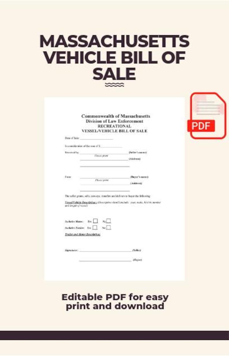 Massachusetts Vehicle Bill of Sale Template – Printable & Editable PDF ...