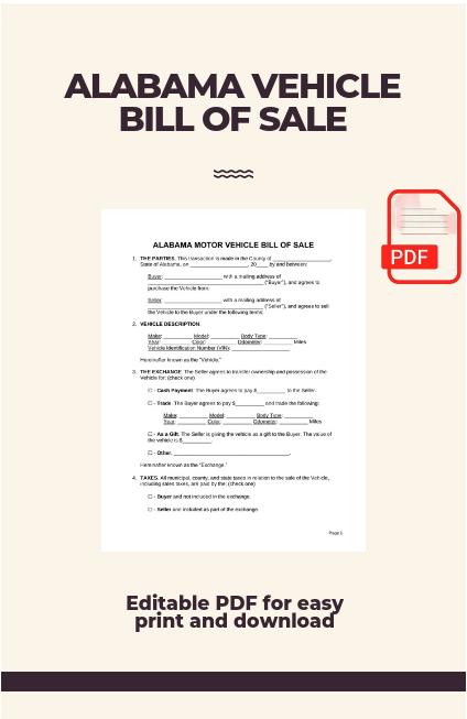 Alabama Vehicle Bill of Sale Template – Printable & Editable PDF for ...