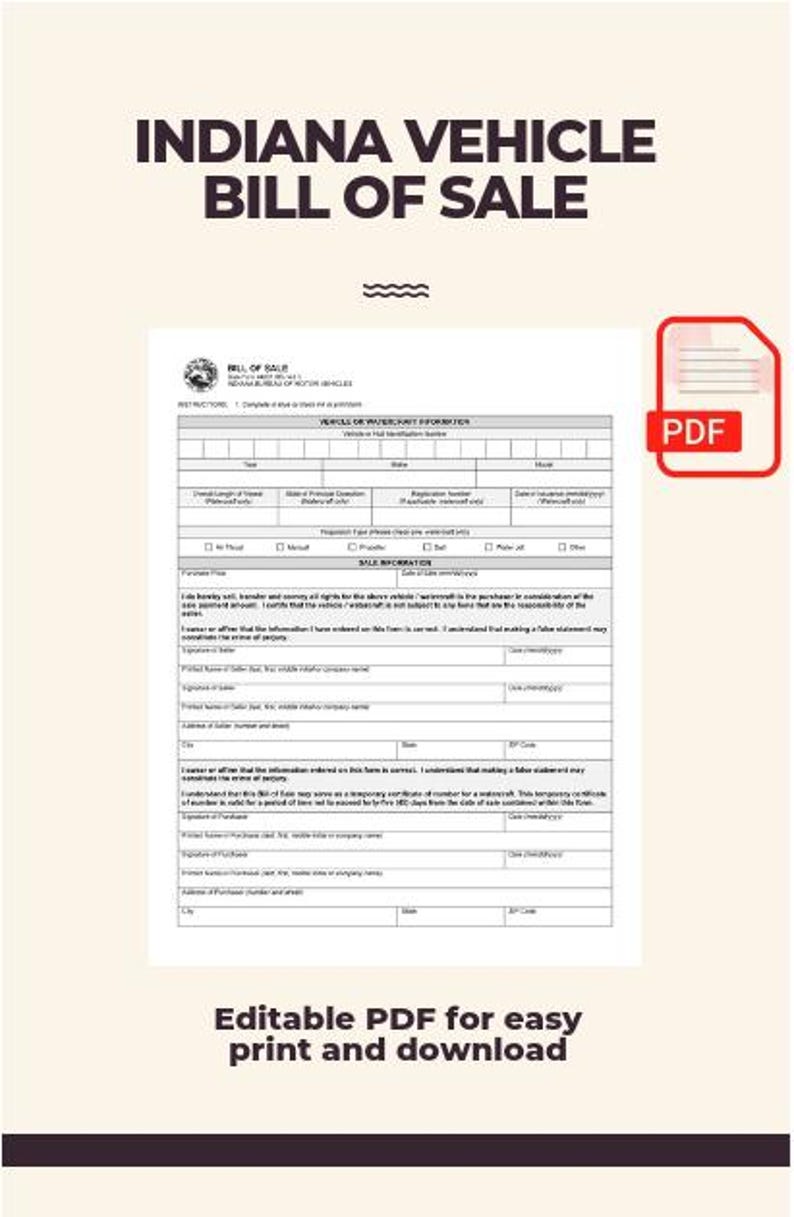 Indiana Vehicle Bill of Sale Template – Printable & Editable PDF for ...