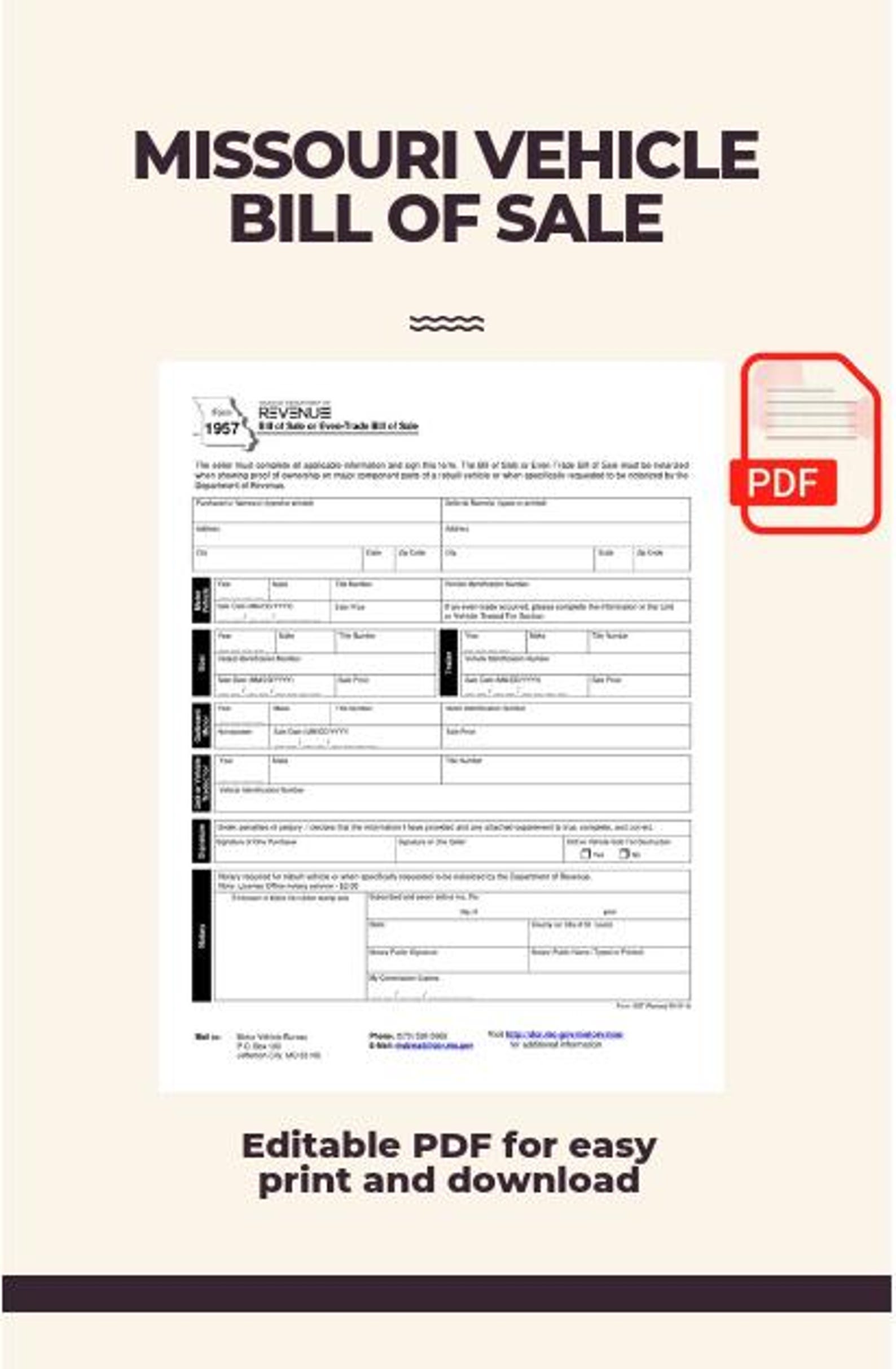 Missouri Vehicle Bill of Sale Template – Printable & Editable PDF for ...