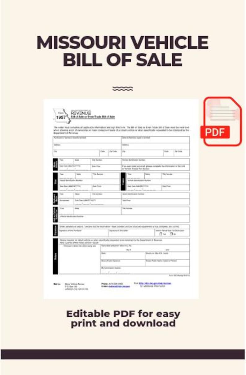 Missouri Vehicle Bill of Sale Template – Printable & Editable PDF for ...