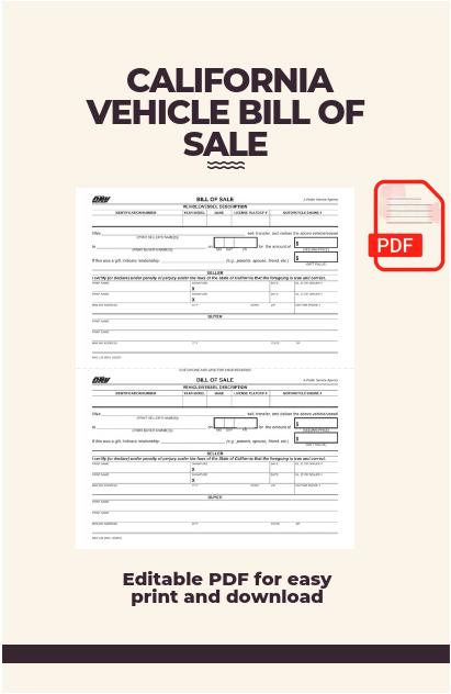 California Vehicle Bill of Sale Template – Printable & Editable PDF for ...
