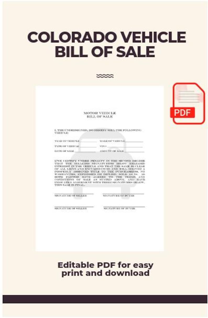 Colorado Vehicle Bill of Sale Template – Printable & Editable PDF for ...