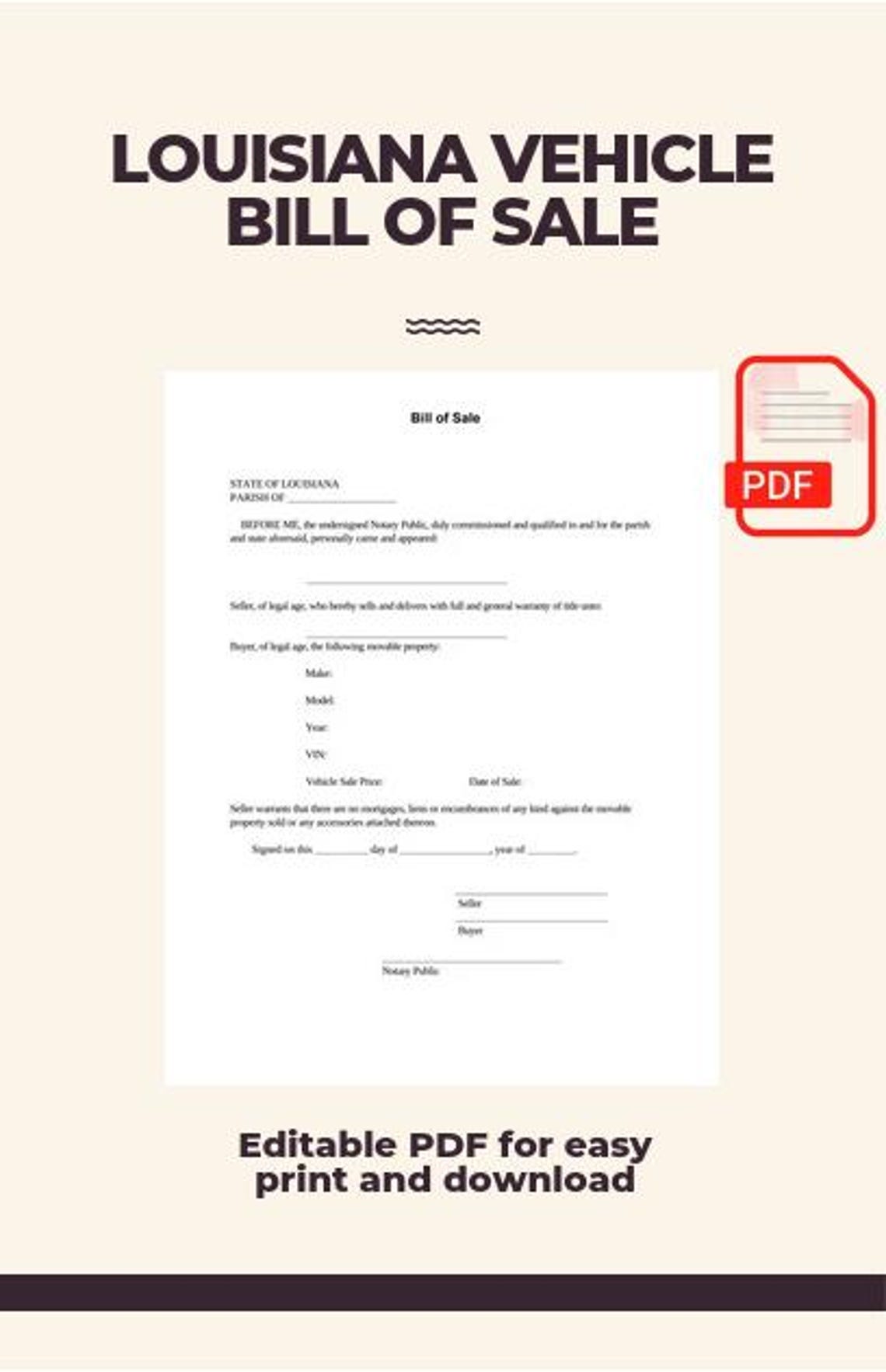 Louisiana Vehicle Bill of Sale Template – Printable & Editable PDF for ...