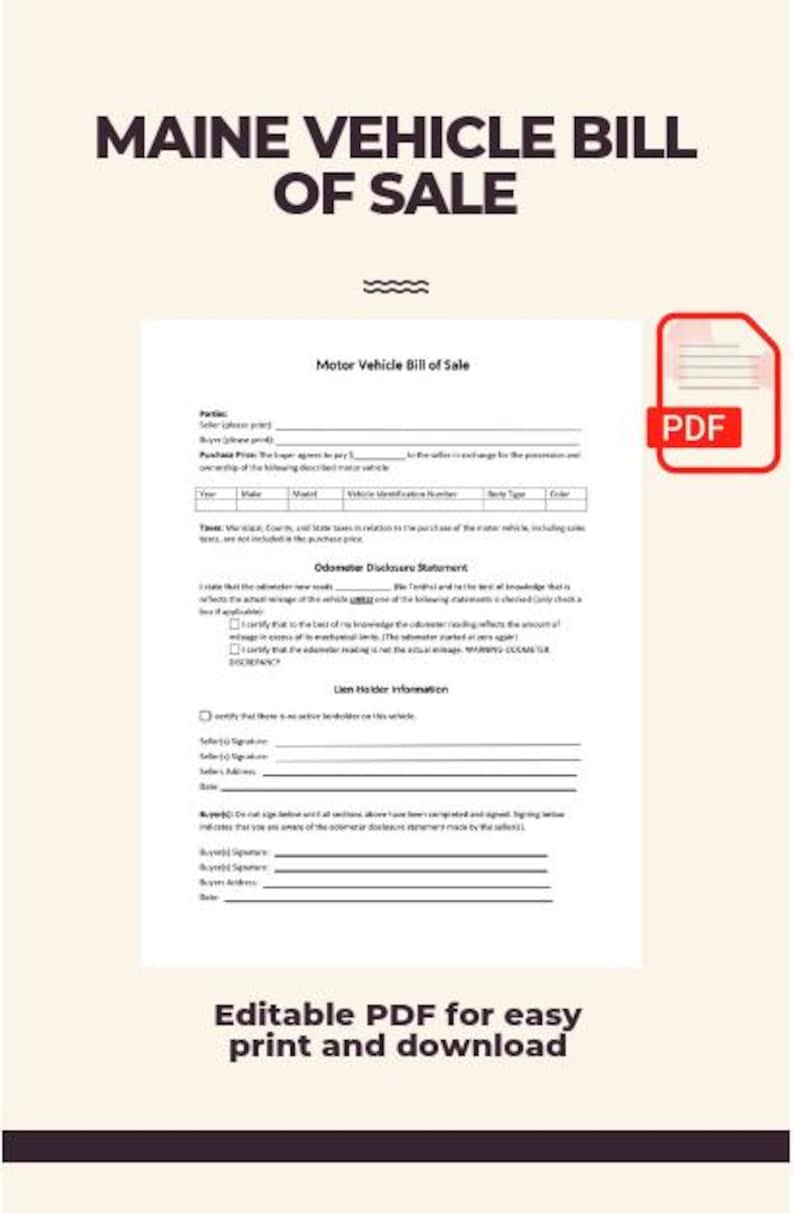 Maine Vehicle Bill of Sale Template – Printable & Editable PDF for Car ...