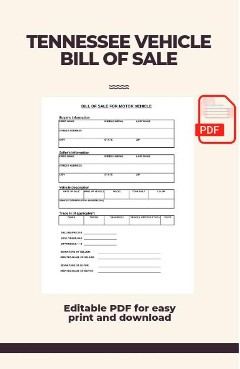 Tennessee Vehicle Bill of Sale Template – Printable & Editable PDF for ...