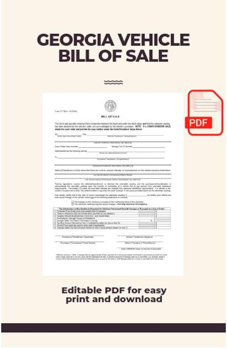 Georgia Vehicle Bill of Sale Template – Printable & Editable PDF for ...