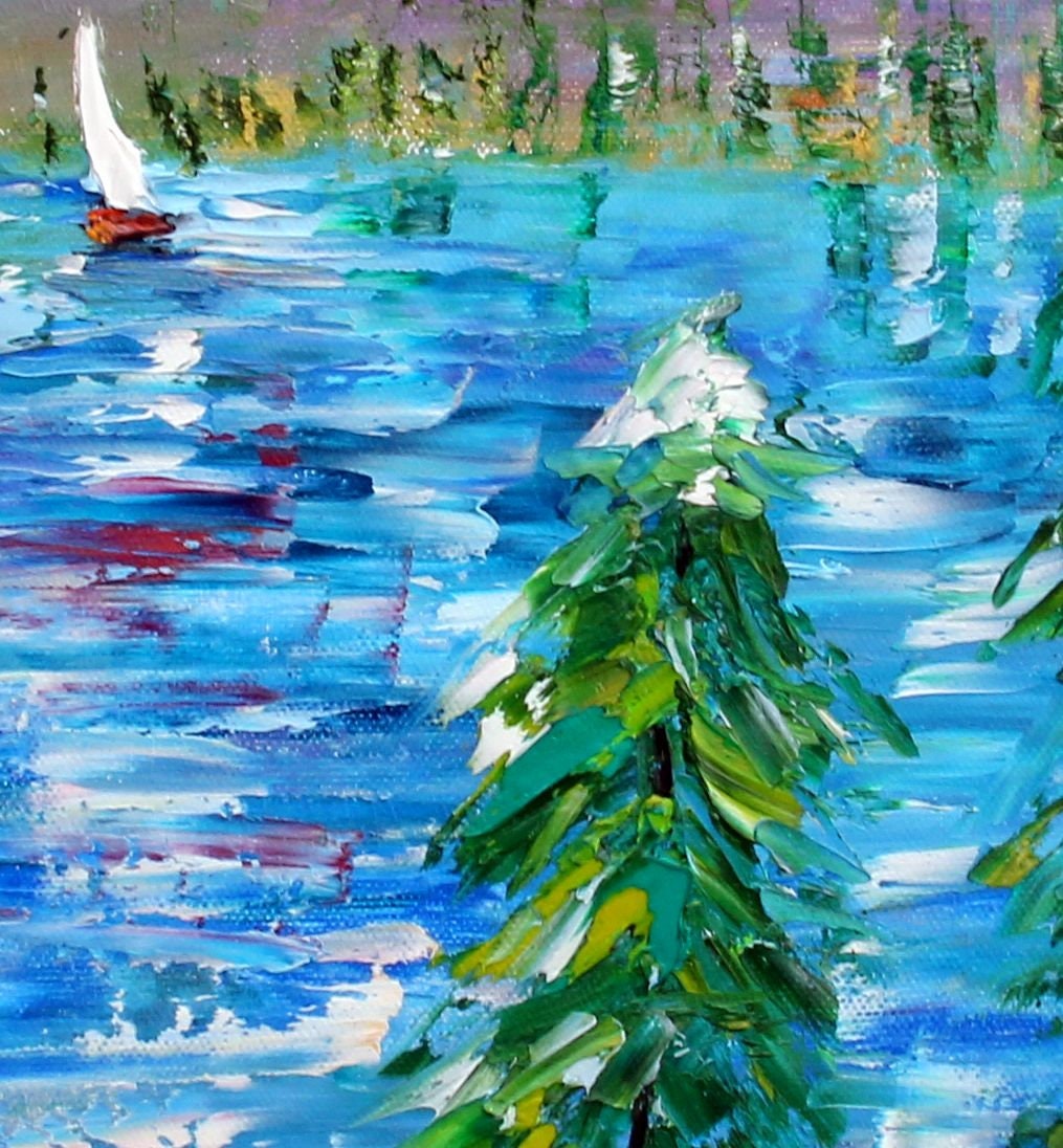 Lake Tahoe painting, original oil landscape, abstract palette knife ...