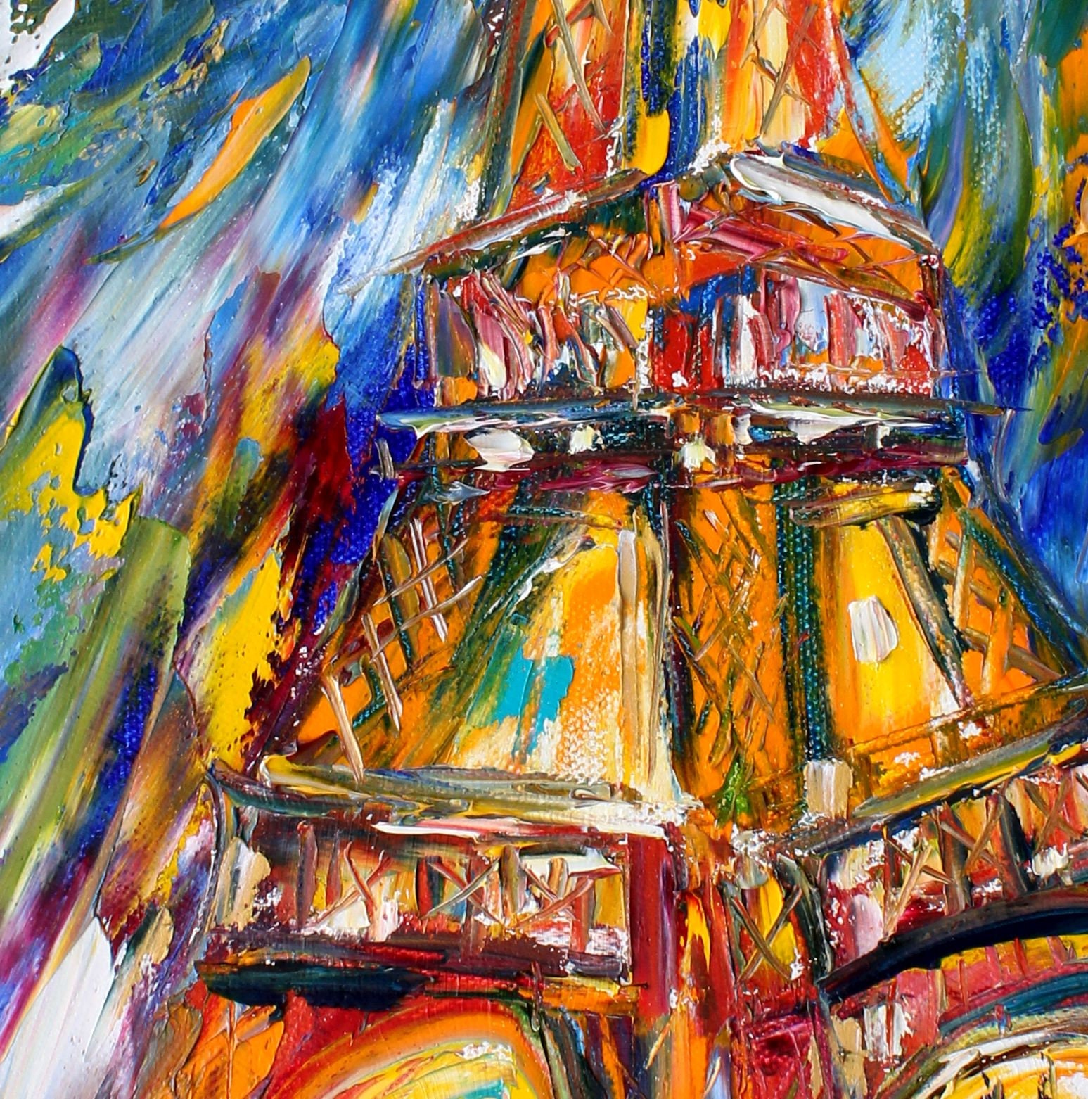 Eiffel Tower Starry Night abstract painting in oil palette knife ...
