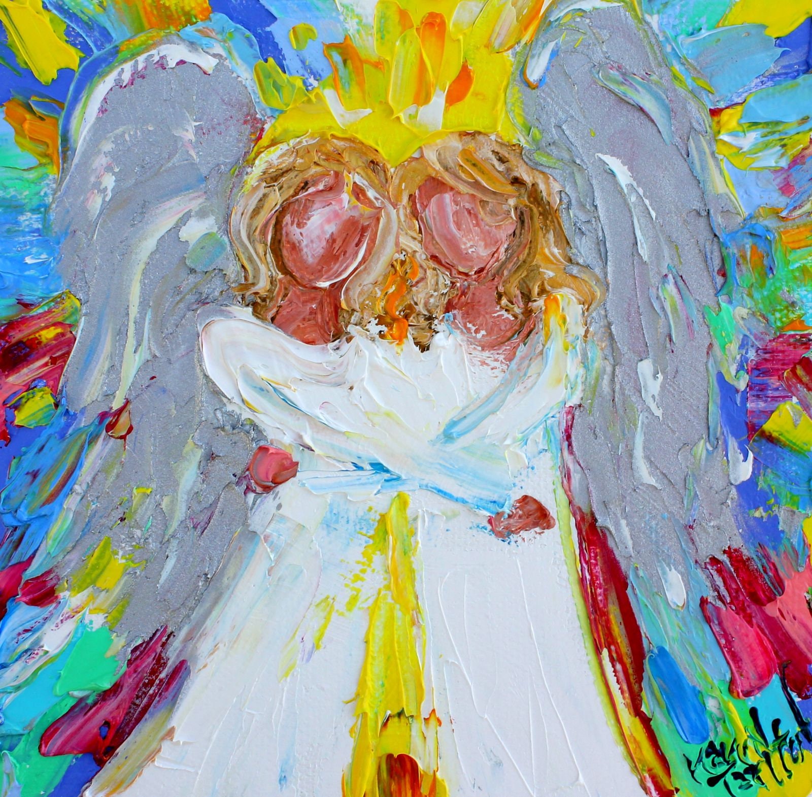 Angel painting, original oil, texture art, palette knife oil fine ...