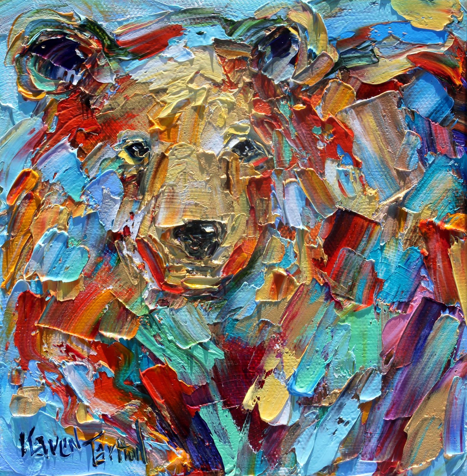 Bear painting, animal original oil, bear art, palette knife ...