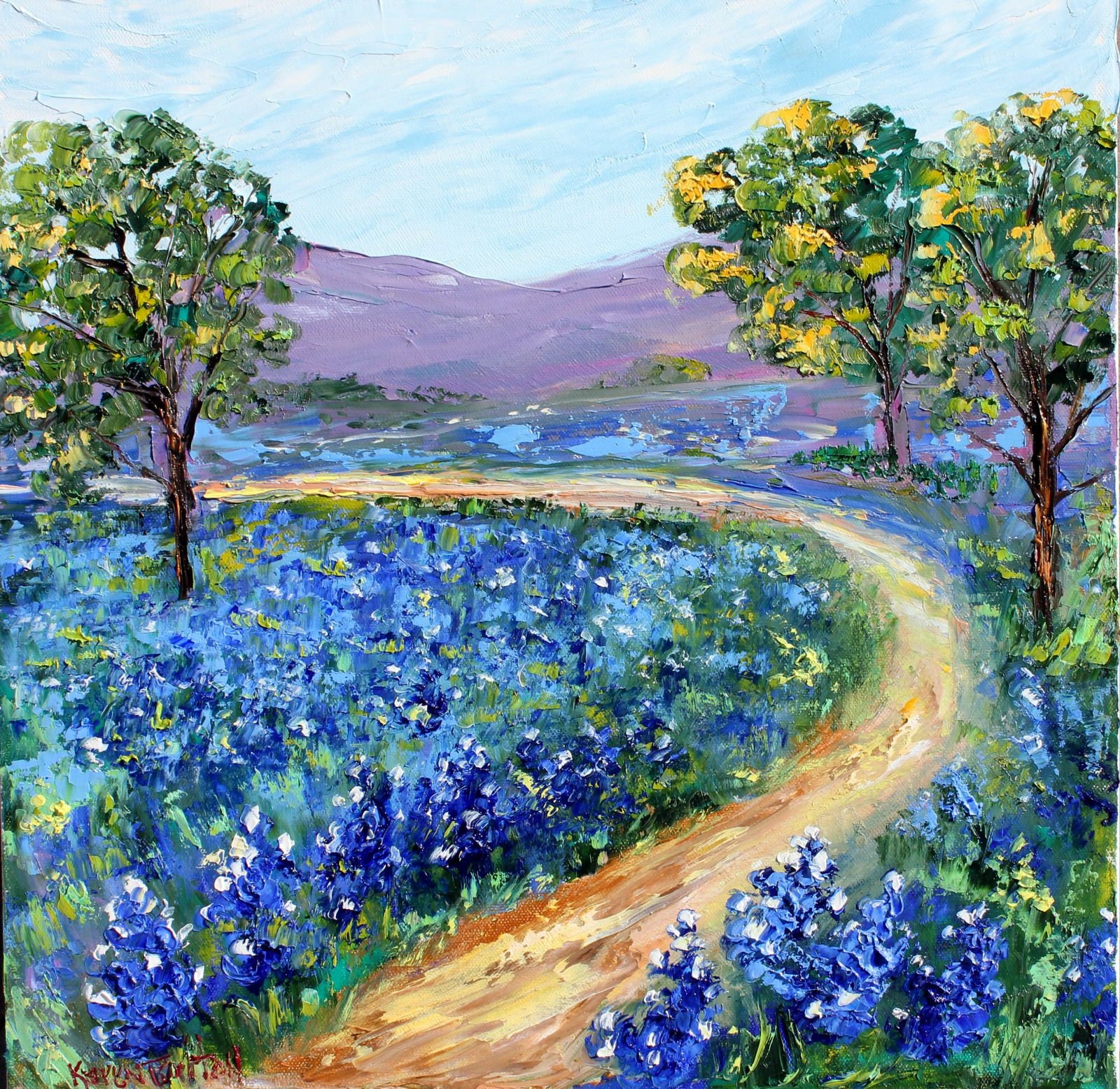 Bluebonnets of Texas landscape palette knife impressionism on canvas ...