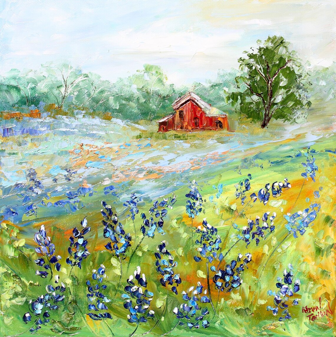 Bluebonnet Landscape Print on Canvas Barn Print Bluebonnets | Etsy