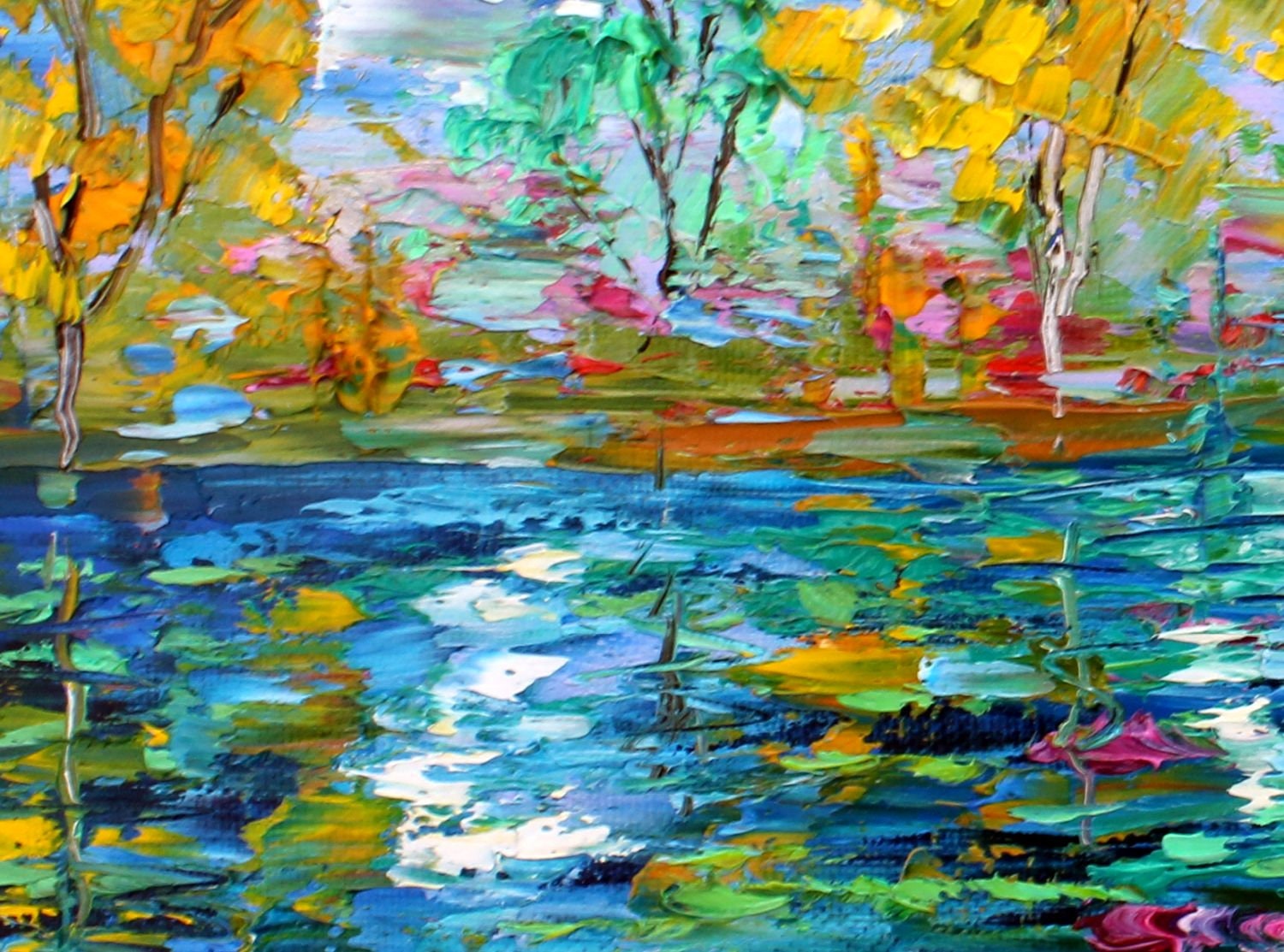Lily Pond Reflections painting original oil abstract palette knife ...