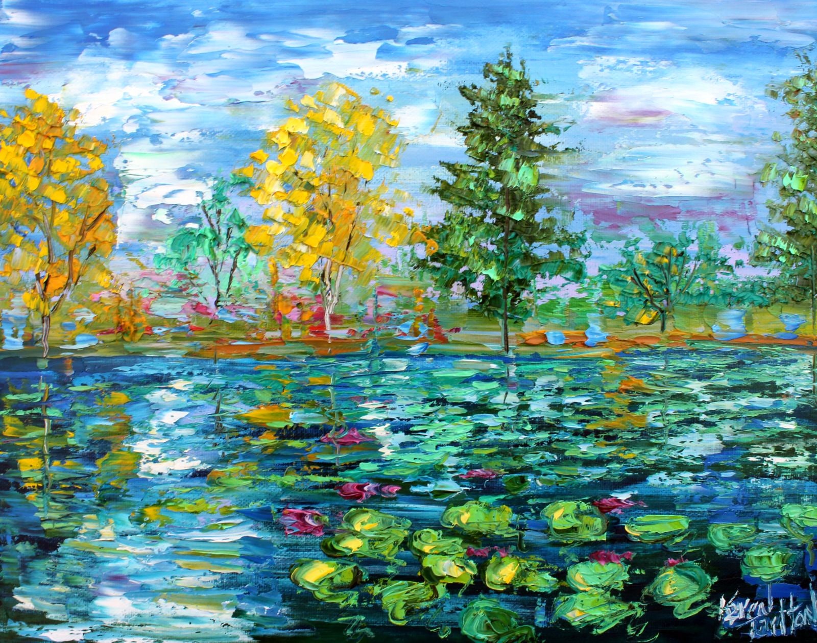 Lily Pond Reflections painting original oil abstract palette knife ...