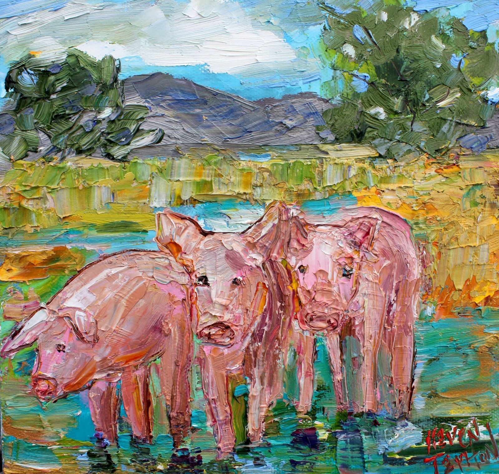 Pig painting, hog farm, Original oil abstract palette knife ...
