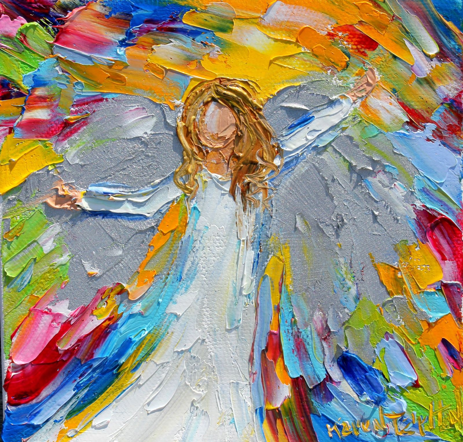 Angel painting, celebration art, original oil palette knife ...