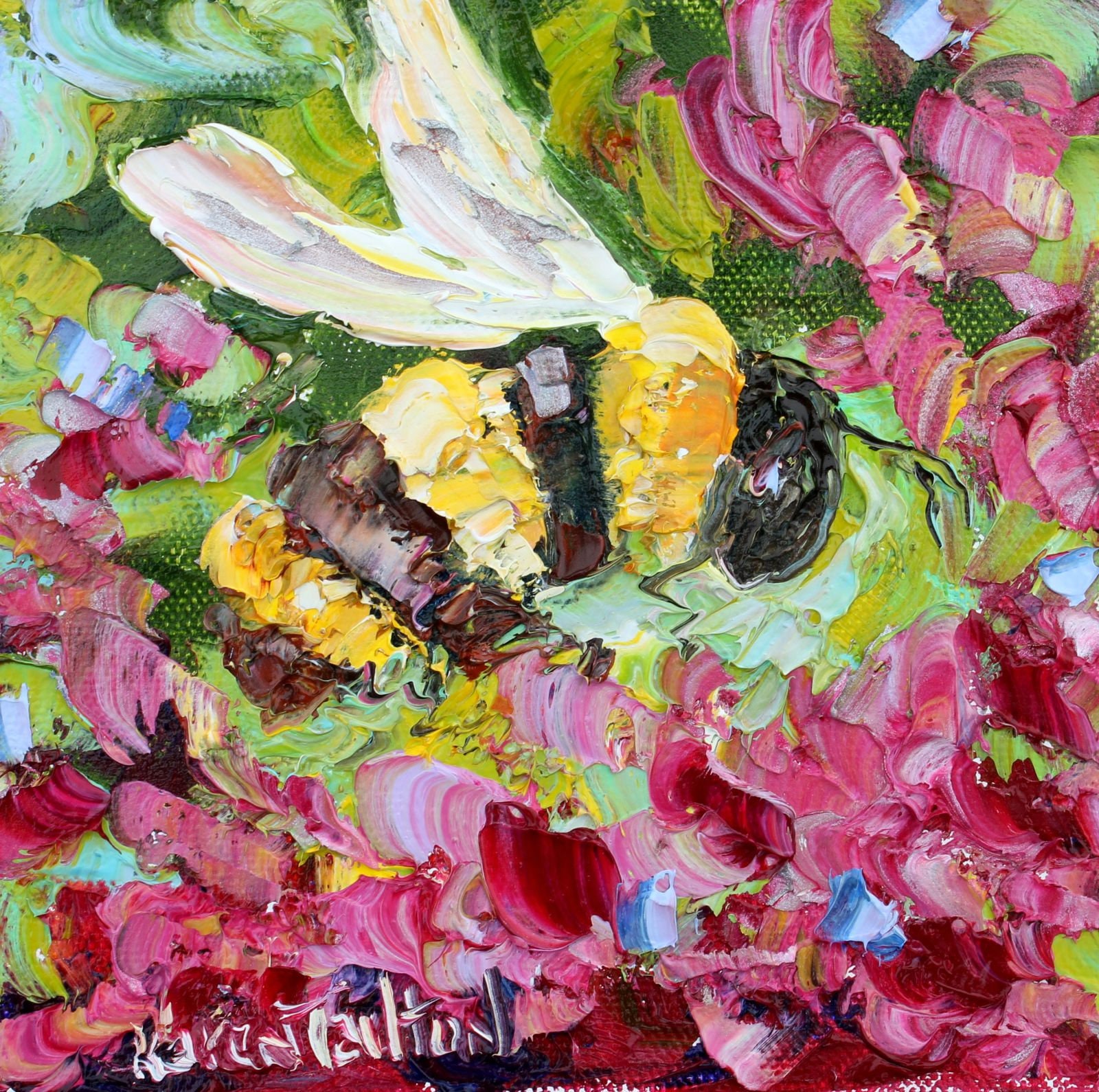 Bee painting, garden art, original oil palette knife impressionism on ...
