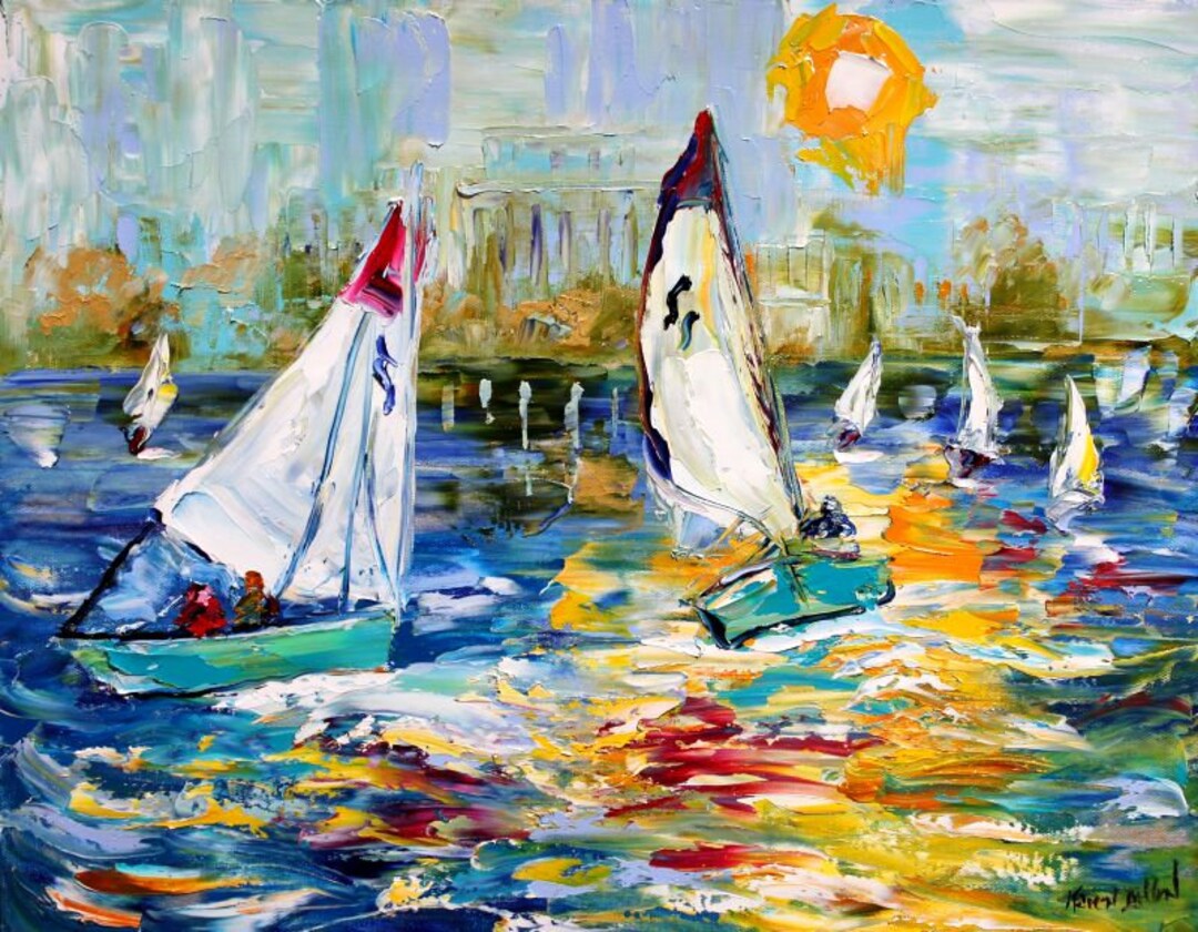 Sailboat Race Art Print: Impressionistic Palette Knife Seascape - Etsy