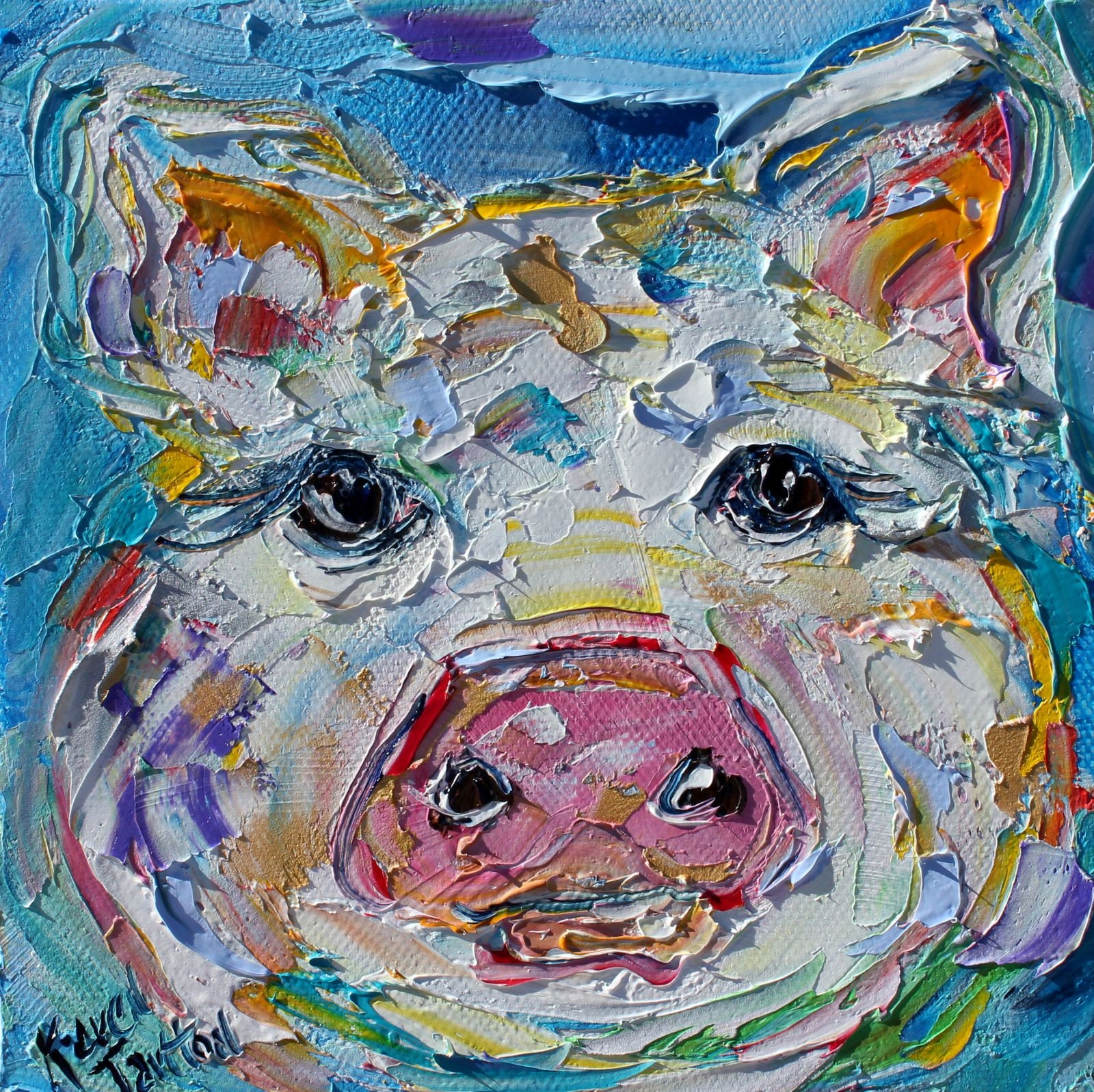Pig painting, pig art, animal original oil 6x6 palette knife ...