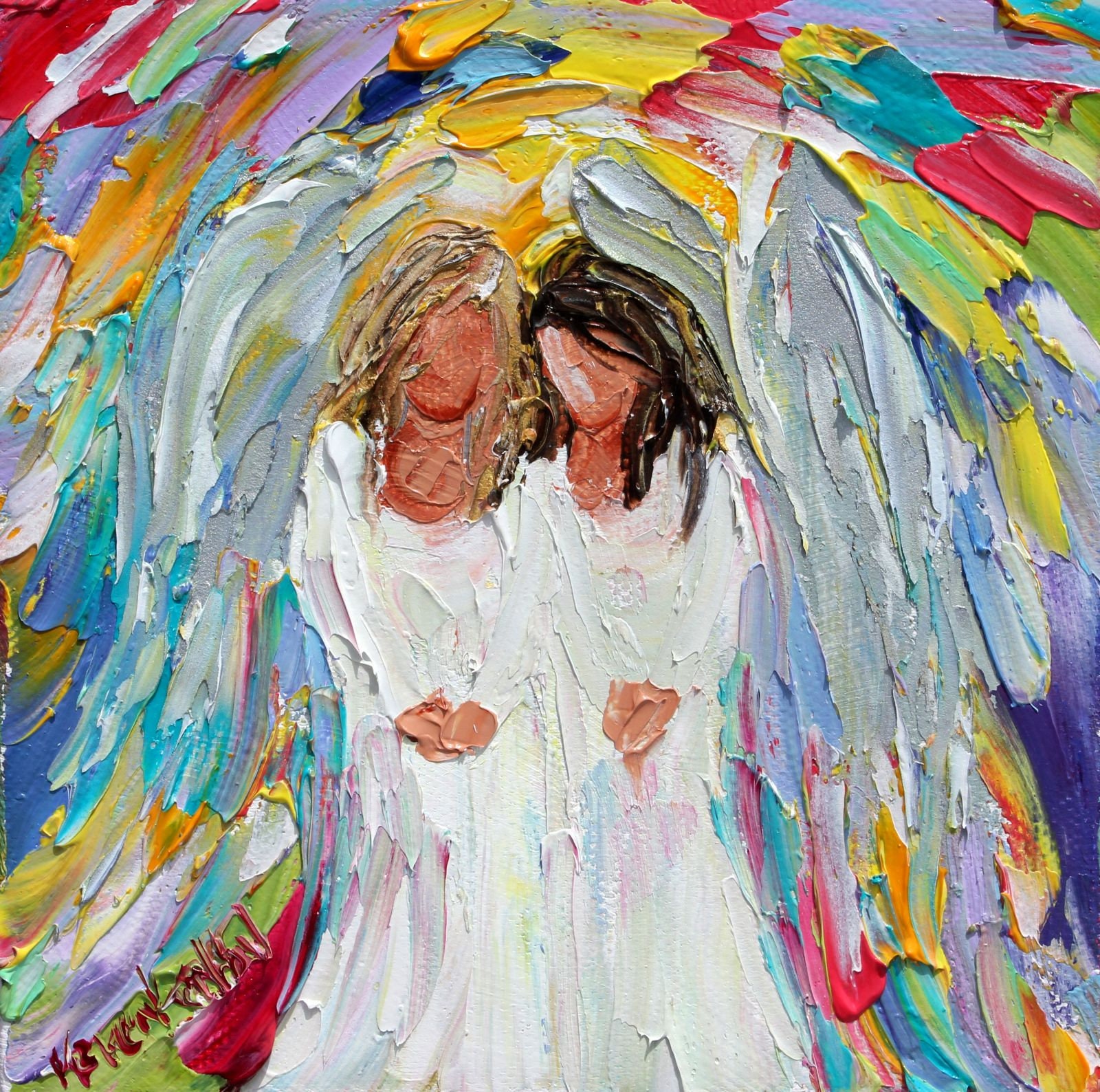 Angel hugs painting, angels friends art, original oil palette knife ...