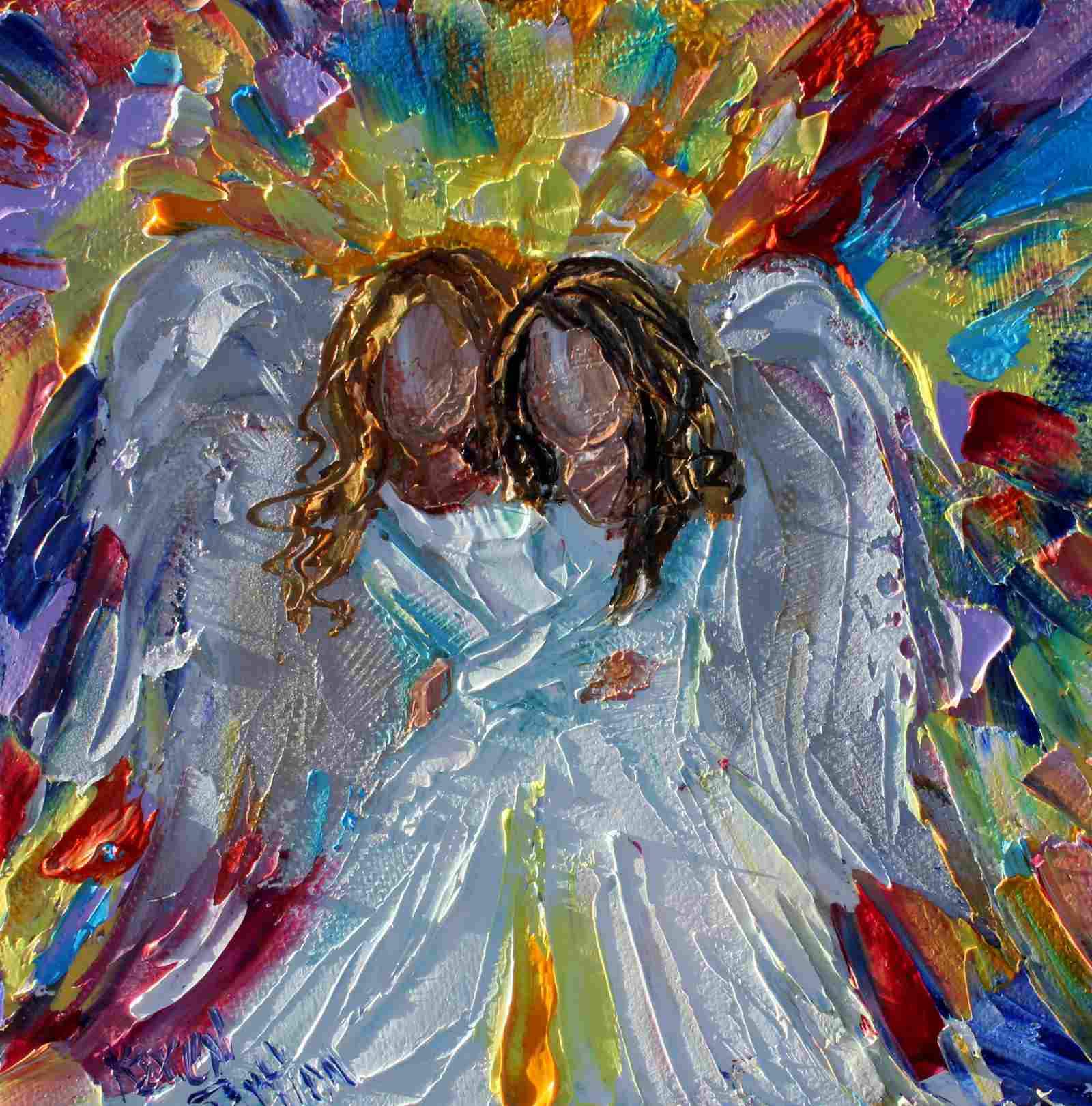 Angel hugs painting, angel friends art, original oil palette knife ...