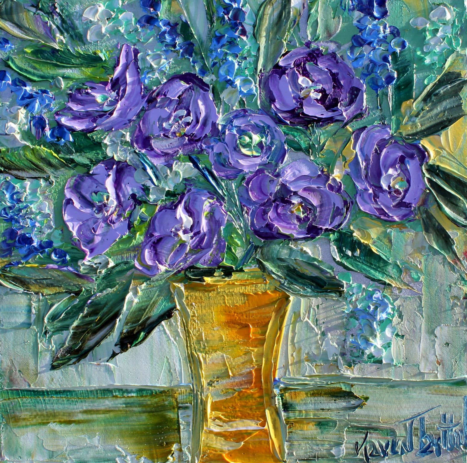 Purple flowers painting, garden art, original oil palette knife ...