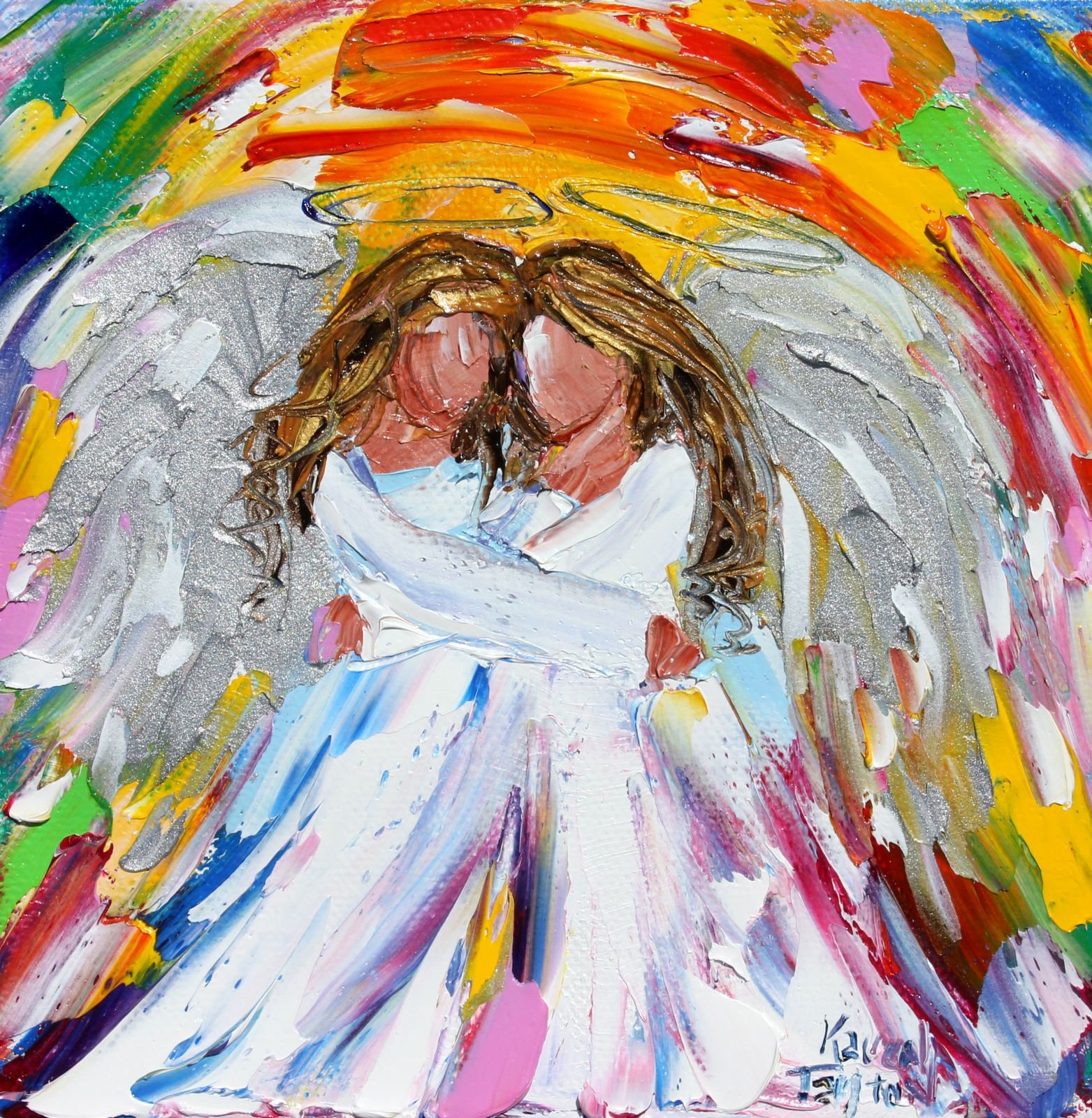 Angel Hugs painting, angel art, original oil palette knife ...