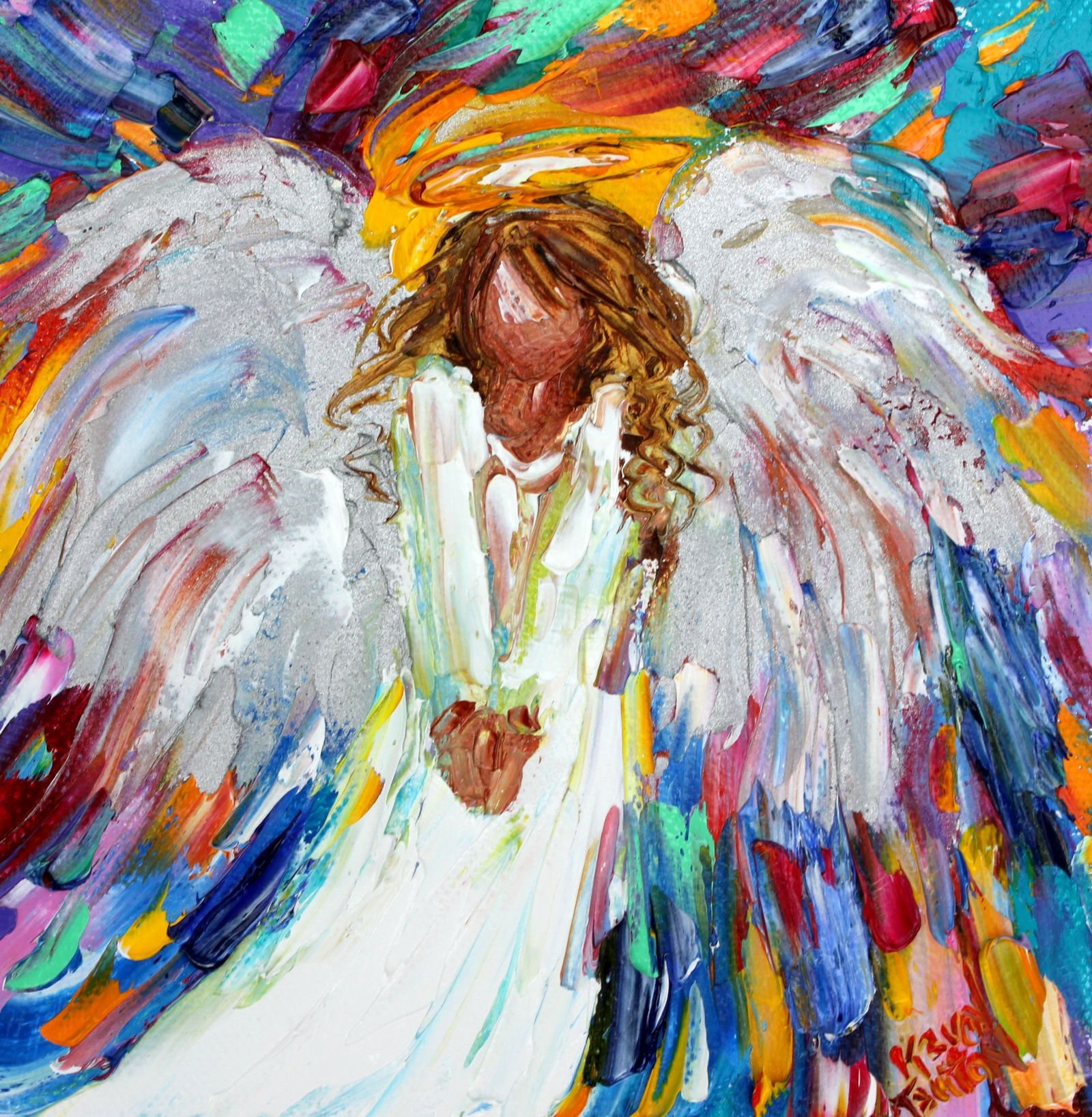 Angel painting, angel art, original oil palette knife impressionism on ...
