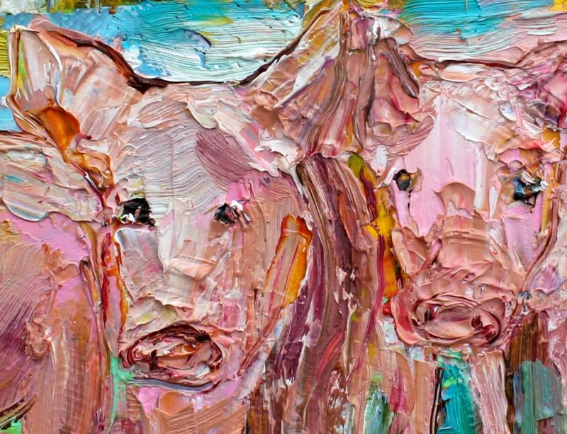 Pig painting, hog farm, Original oil abstract palette knife ...