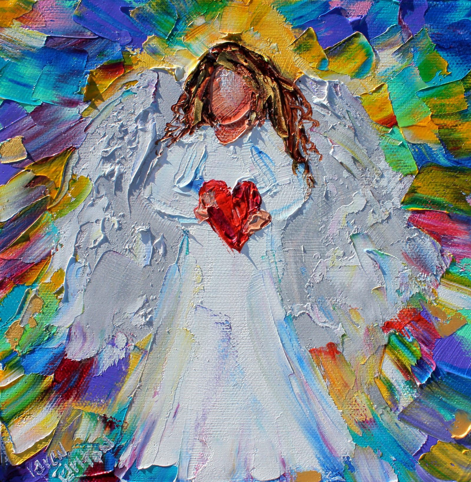 Angel and heart painting, angel art, original oil abstract ...