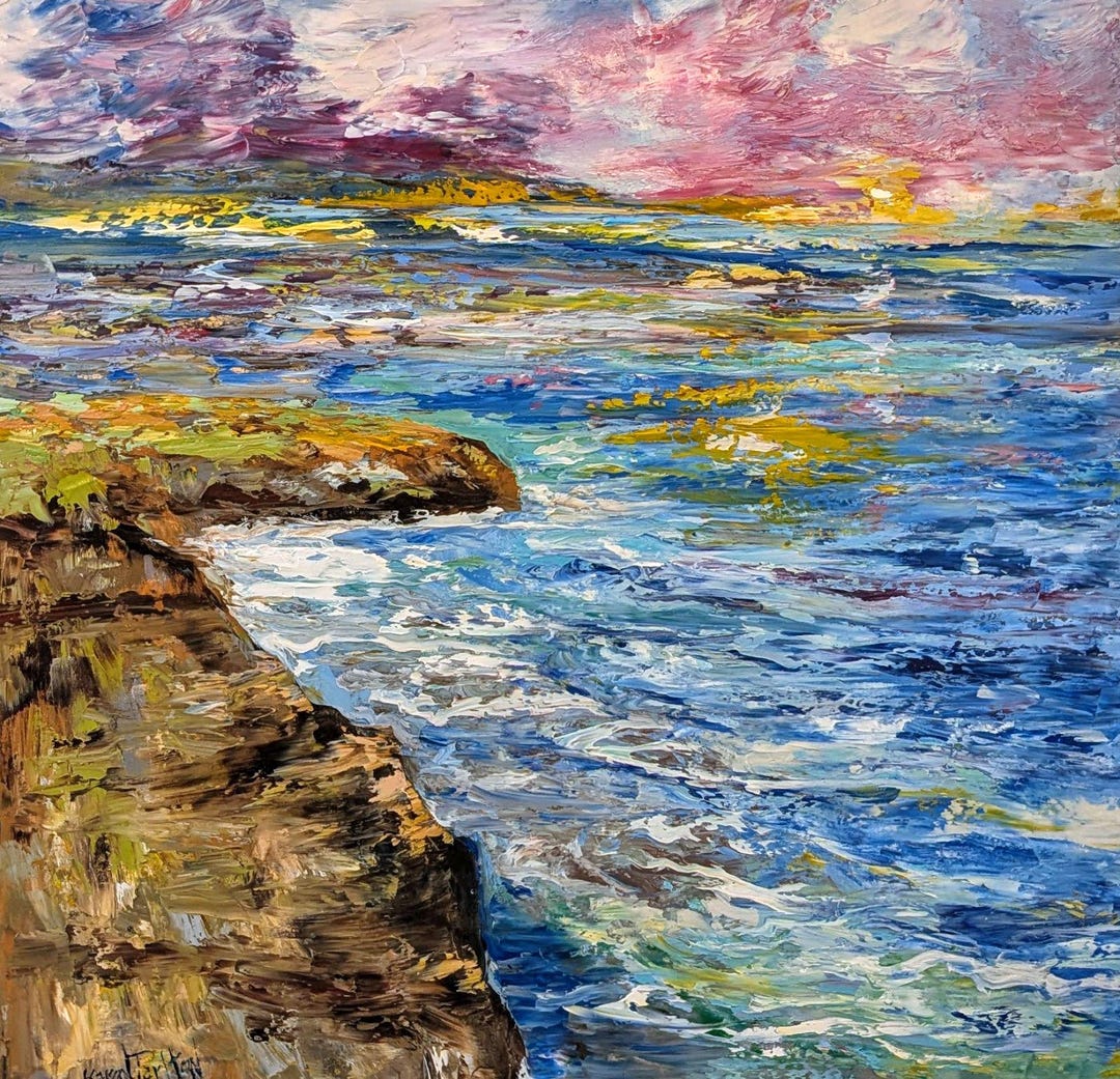 Sunset Cliffs Oil Painting, Ocean Art, Original Palette Knife ...
