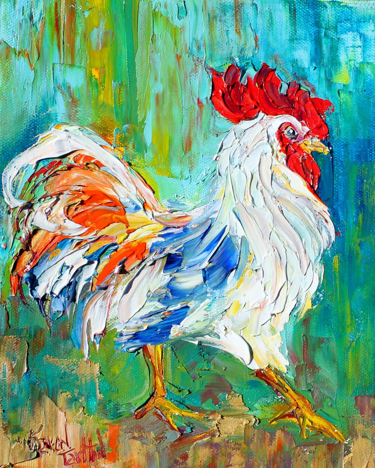 Rooster painting, bird original oil abstract impressionism fine art on ...