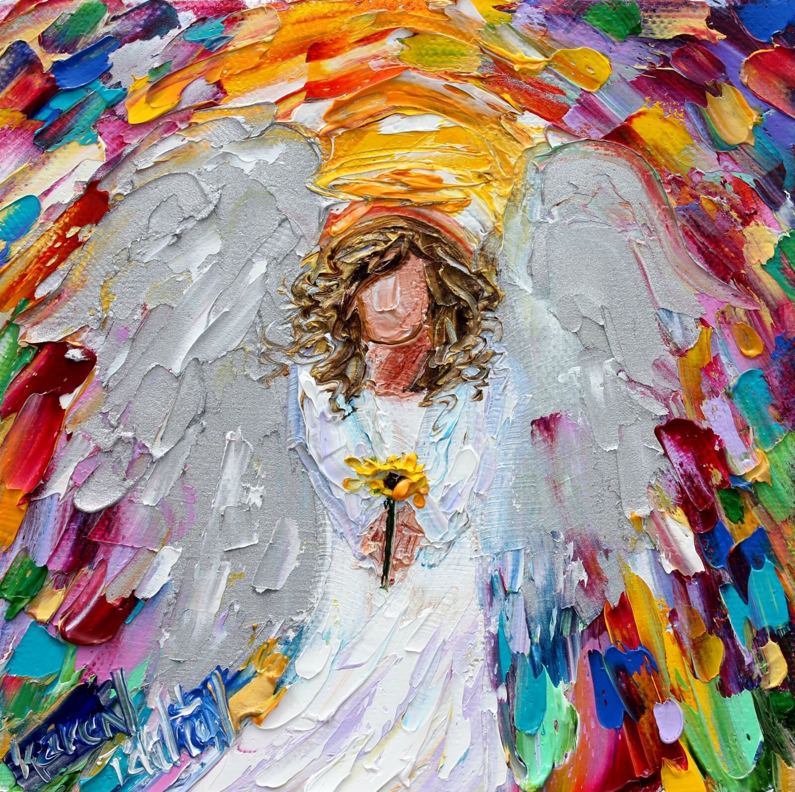 Angel and flower painting, angel art, original oil palette knife ...