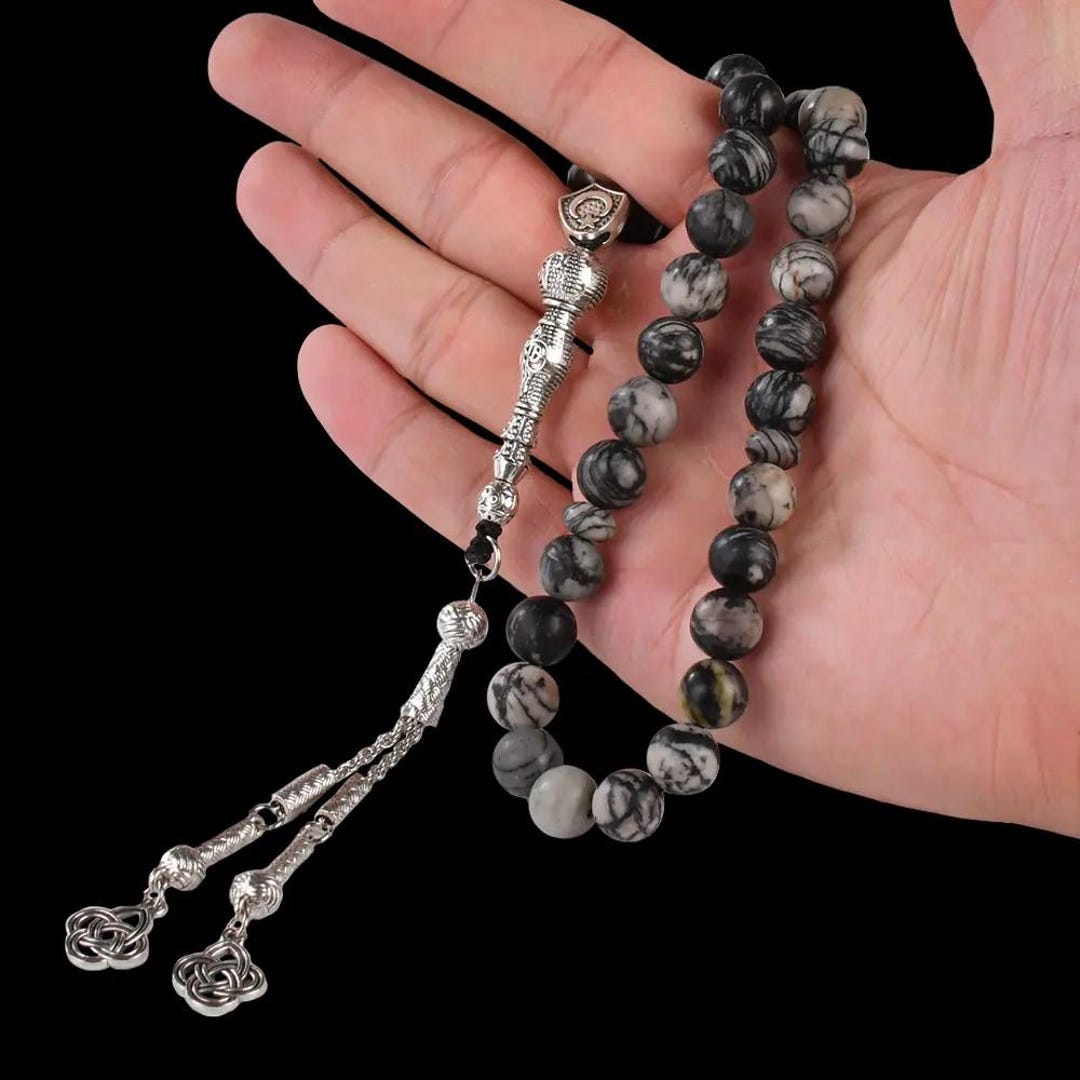 The Seeker’s Misbaha: Black Network Stone - 33 Beads, 10mm - Islamic ...