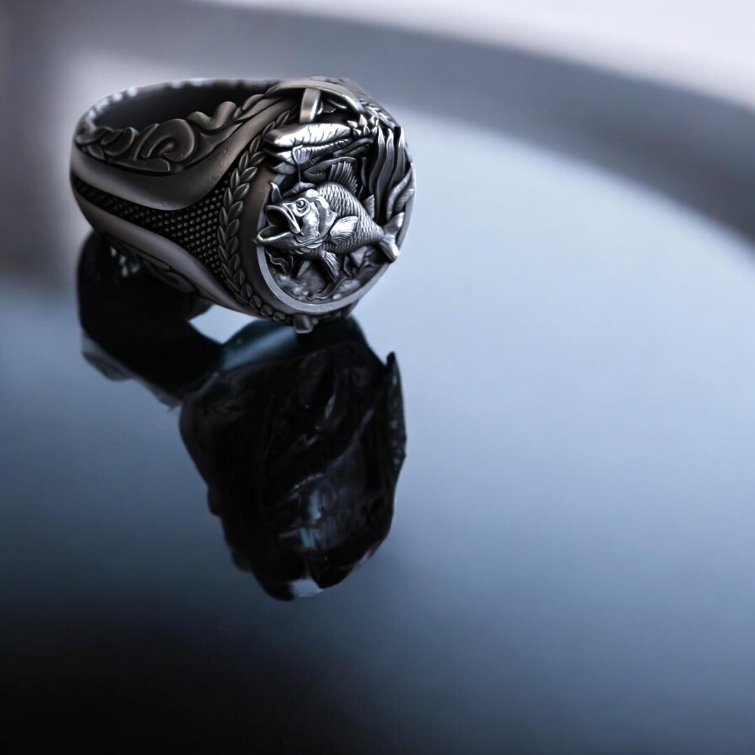 Bass Fish Ring, Sterling Silver Fishing Jewelry, Black Rhodium Plated ...