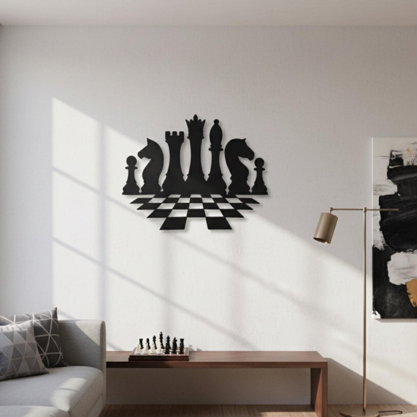 Metal Chess Wall Art, Modern Chessboard and Pieces Sculpture, Gamer ...