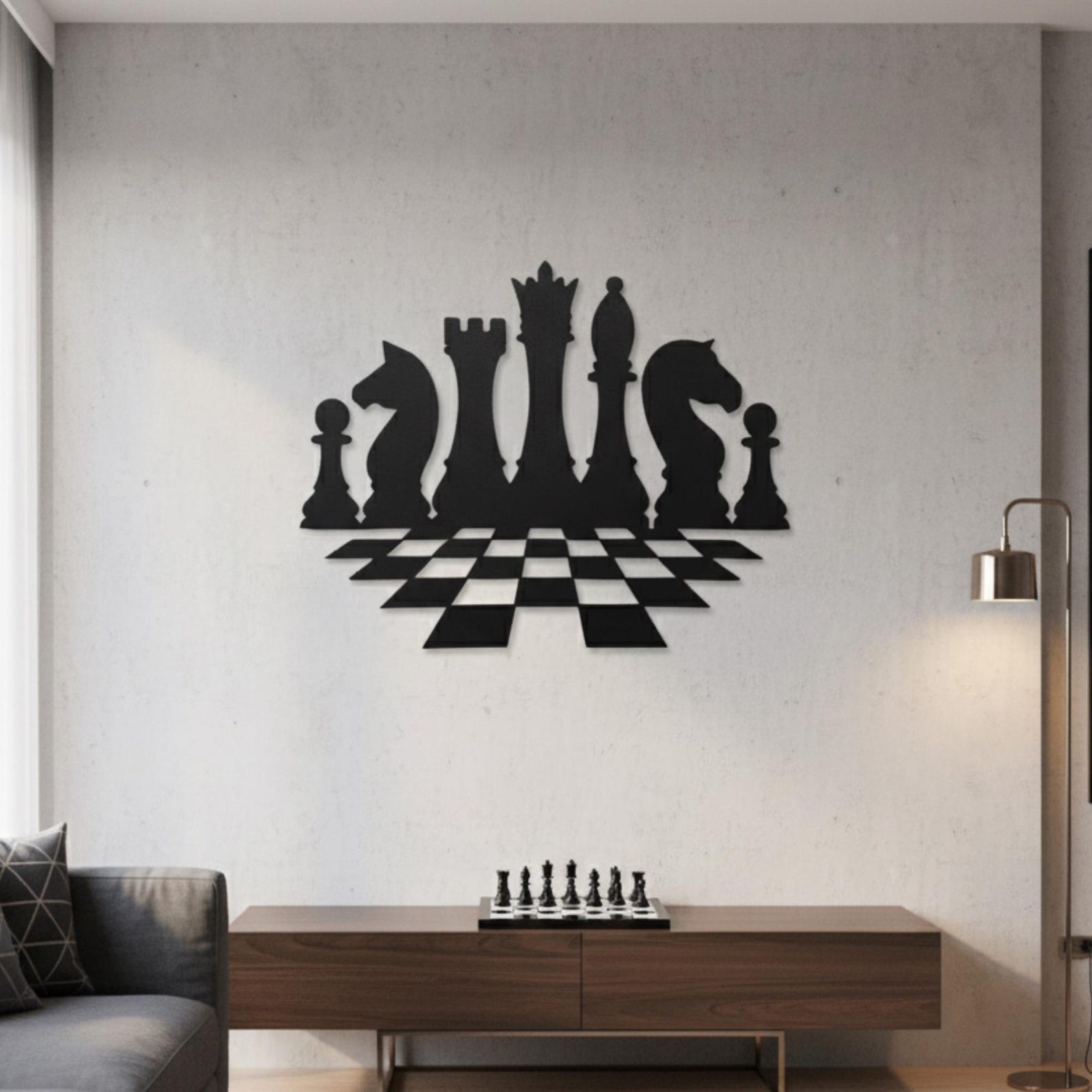 Metal Chess Wall Art, Modern Chessboard and Pieces Sculpture, Gamer ...