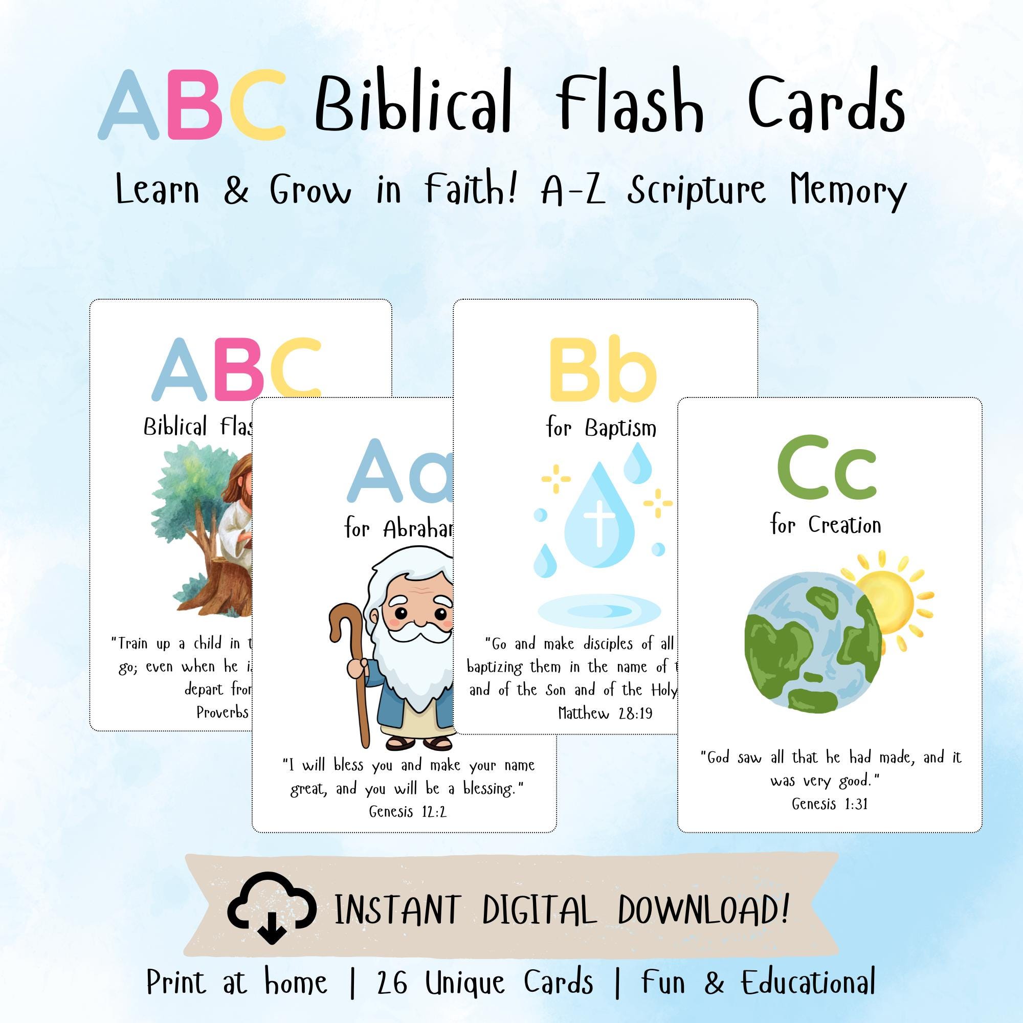Christian ABC Flash Cards, Bible Verses for Kids (printable Download ...
