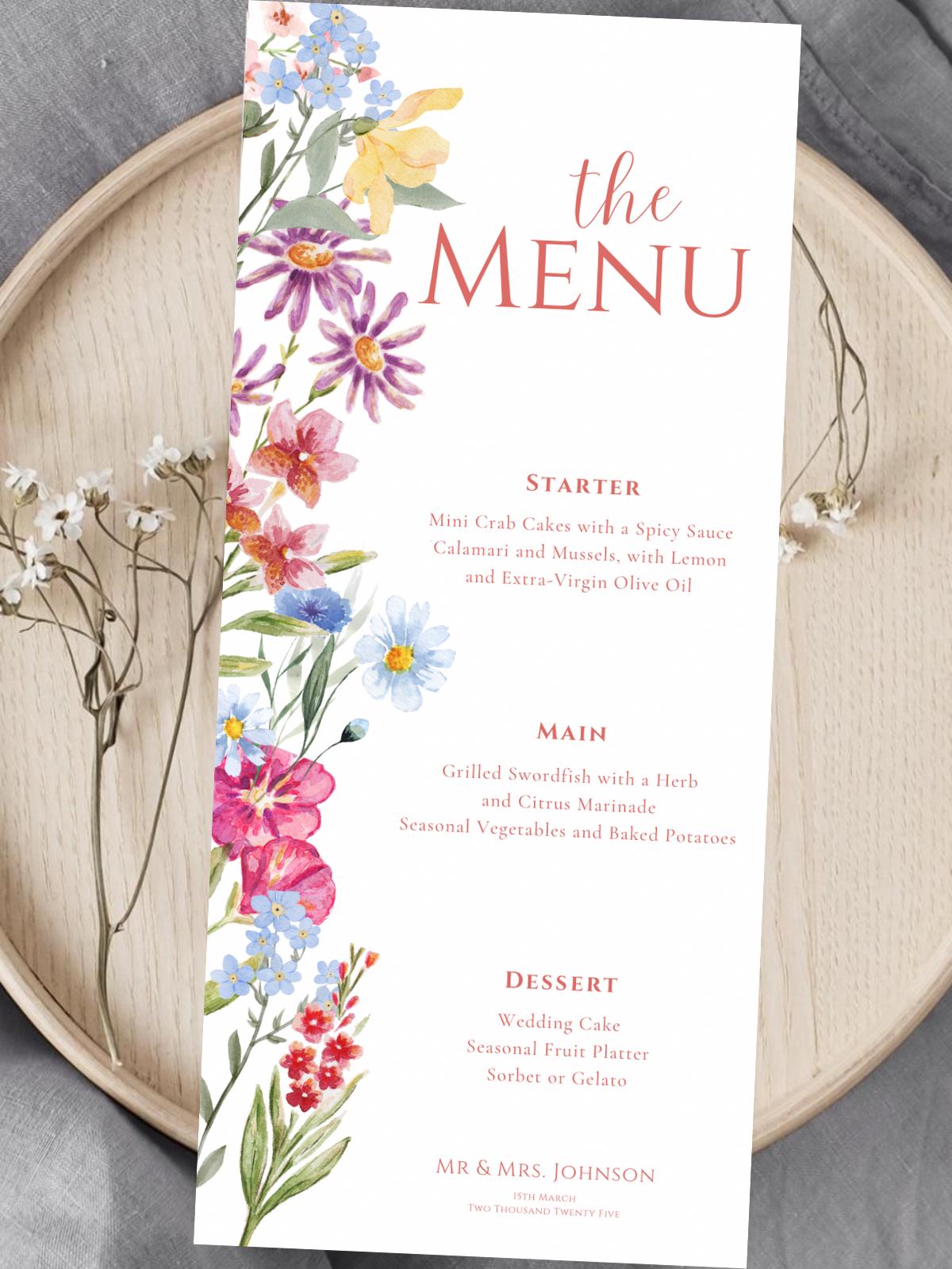 Wildflowers Menu Template | Printable Floral Menu Design | Customizable ...