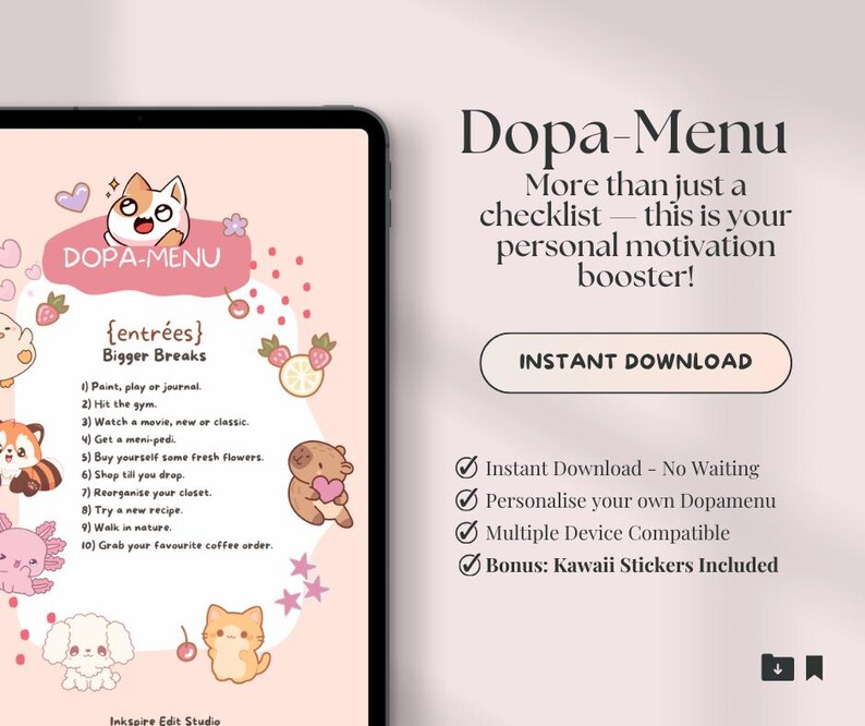 Dopamine Menu Printable | Self-care Checklist |bonus Kawaii Stickers ...