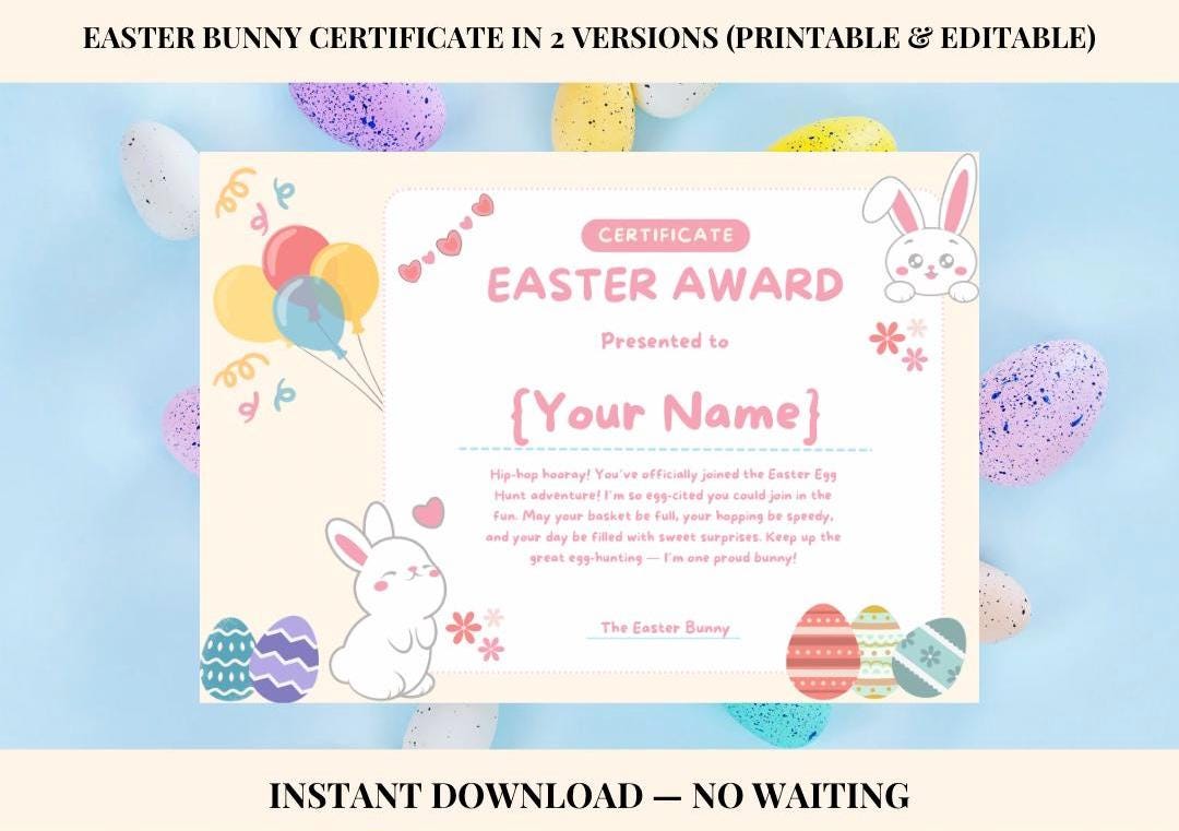 Easter Certificate | Editable | Printable Easter Award for Kids ...