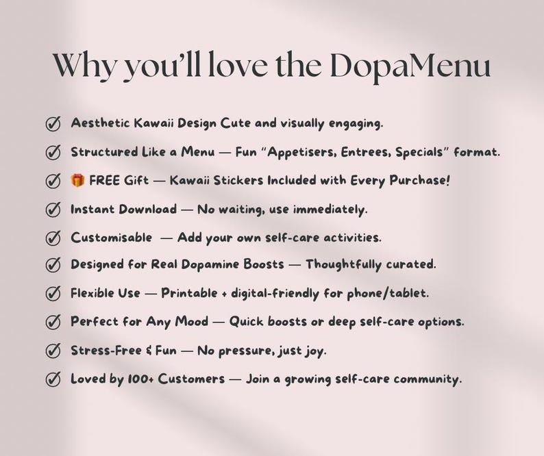 Dopamine Menu Printable | Self-care Checklist |bonus Kawaii Stickers ...
