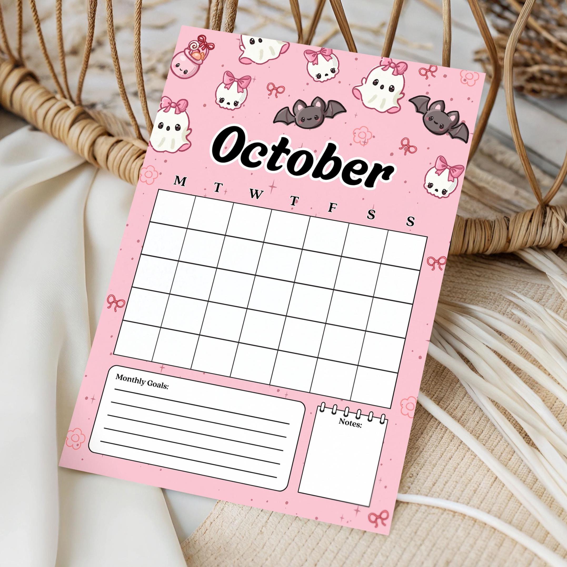 Printable October Calendar| Halloween Theme October Calender| Pink ...