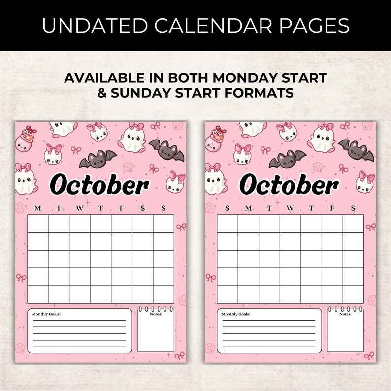Printable October Calendar| Halloween Theme October Calender| Pink ...