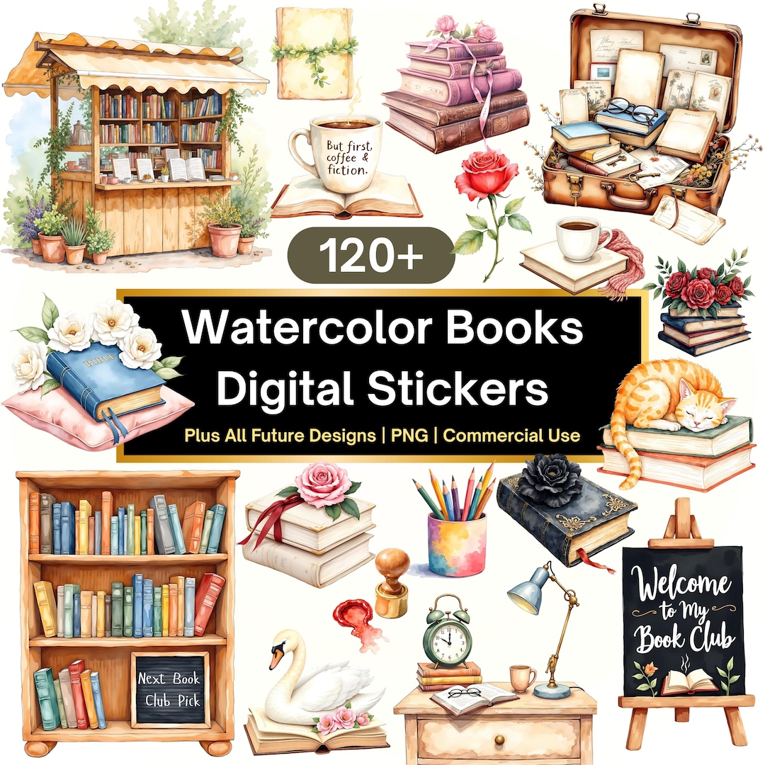 120+ Watercolor Pre Cropped Book Stickers| Book Stickers Bundle ...